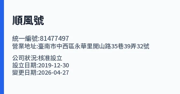 順風號的照片-統編 81477497(臺南市) 公司登記資料與營業項目詳細圖表