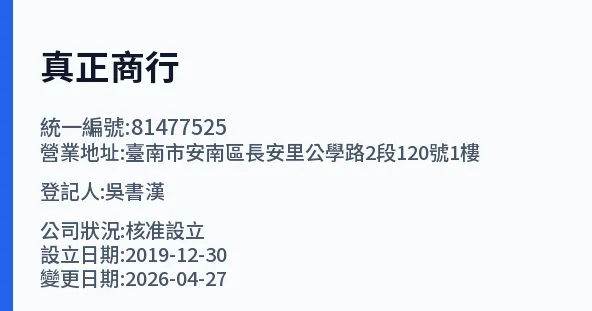 真正商行的照片-統編 81477525(臺南市) 公司登記資料與營業項目詳細圖表