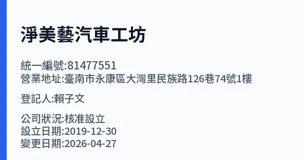 淨美藝汽車工坊的照片-統編 81477551(臺南市) 公司登記資料與營業項目詳細圖表