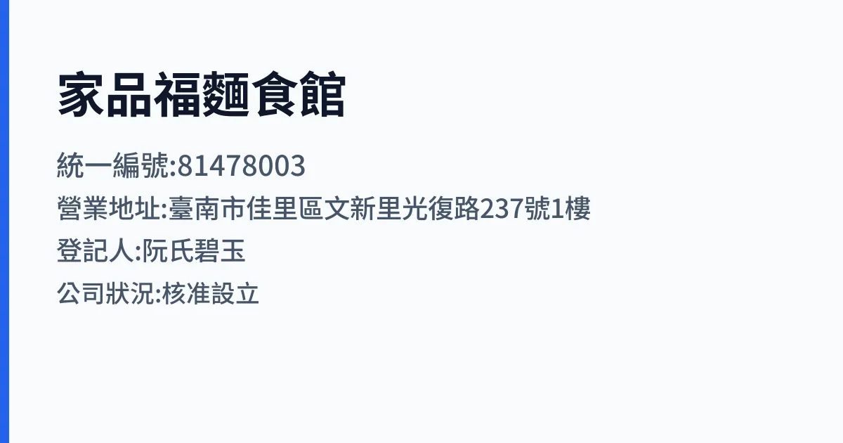 家品福麵食館 - 統編 81478003(臺南市) 公司登記資料與營業項目詳細圖表