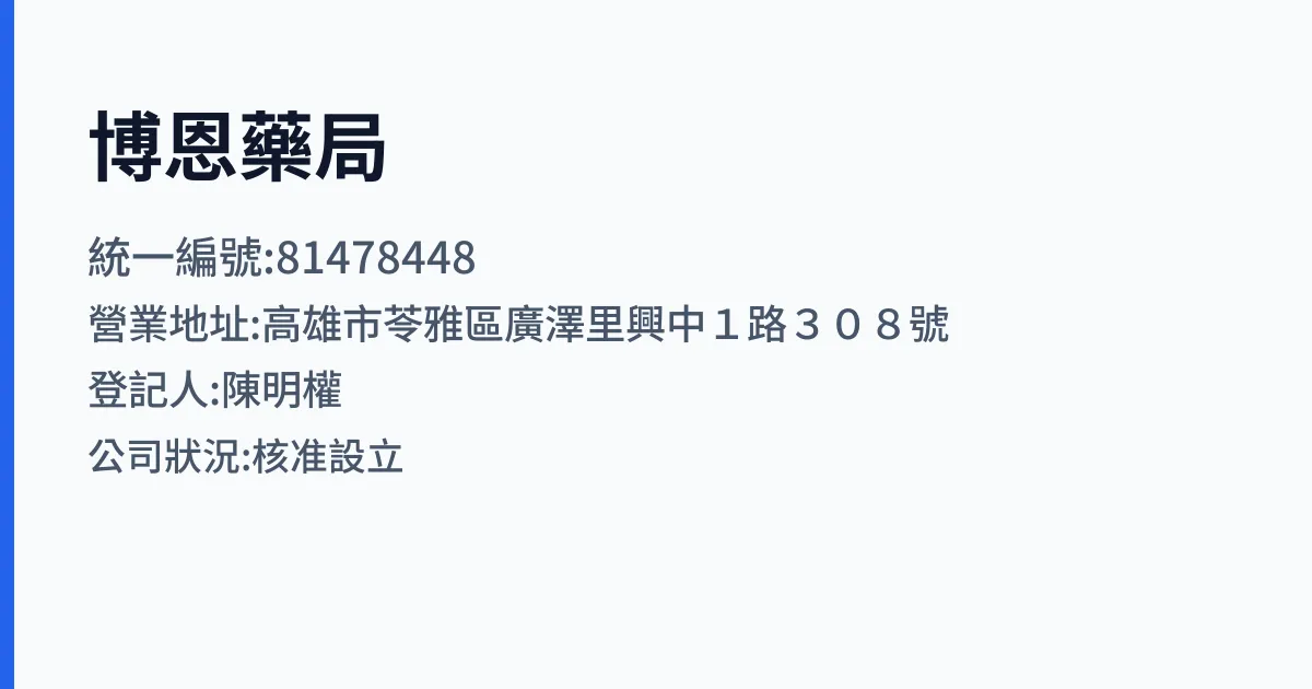 博恩藥局 - 統編 81478448(高雄市) 公司登記資料與營業項目詳細圖表