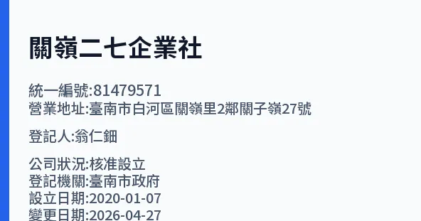 關嶺二七企業社的照片-統編 81479571(臺南市) 公司登記資料與營業項目詳細圖表