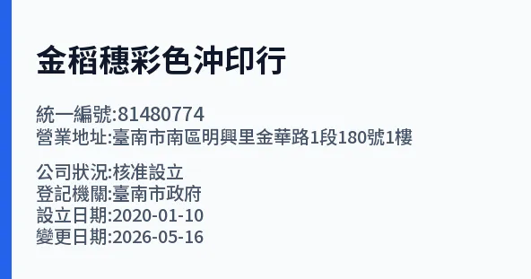 金稻穗彩色沖印行的照片-統編 81480774(臺南市) 公司登記資料與營業項目詳細圖表