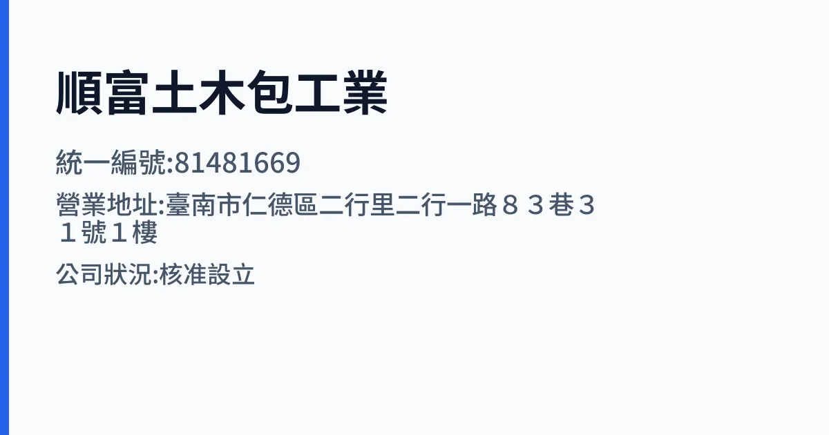順富土木包工業 - 統編 81481669(臺南市) 公司登記資料與營業項目詳細圖表