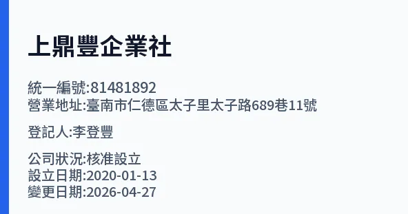 上鼎豐企業社的照片-統編 81481892(臺南市) 公司登記資料與營業項目詳細圖表