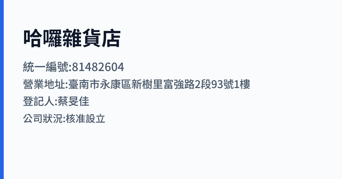 哈囉雜貨店 - 統編 81482604(臺南市) 公司登記資料與營業項目詳細圖表