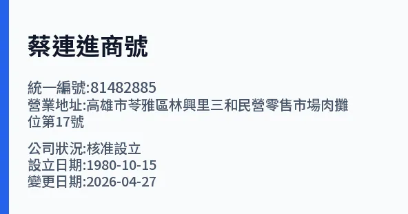 蔡連進商號的照片-統編 81482885(高雄市) 公司登記資料與營業項目詳細圖表