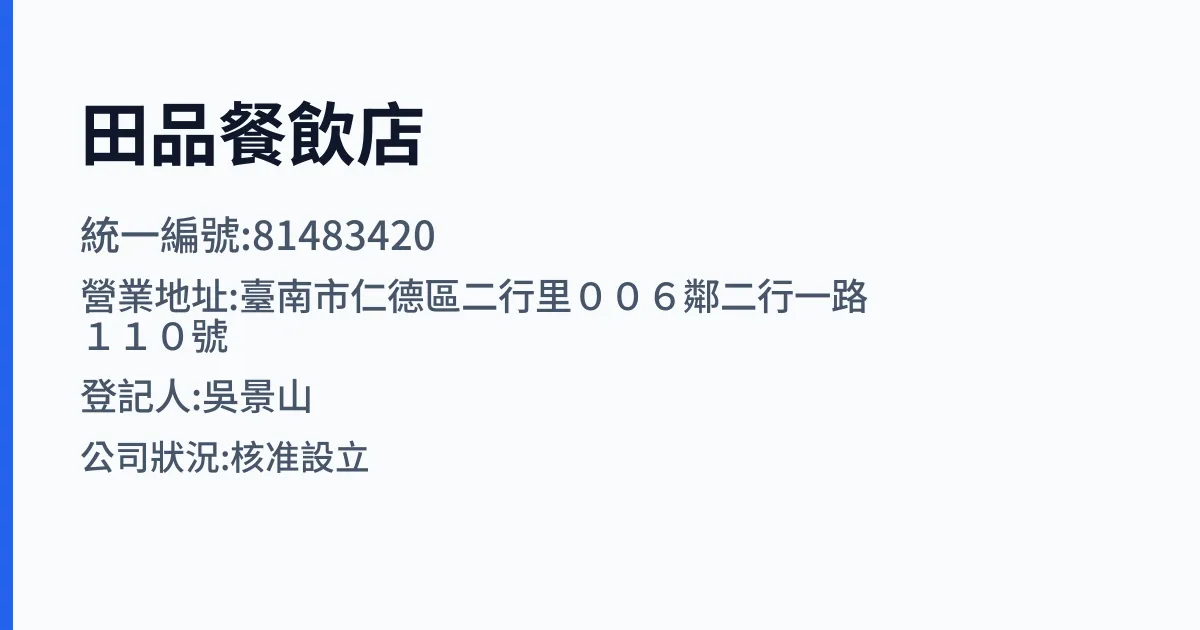 田品餐飲店 - 統編 81483420(臺南市) 公司登記資料與營業項目詳細圖表