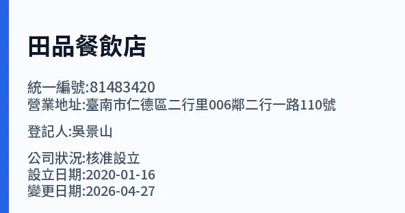 田品餐飲店的照片-統編 81483420(臺南市) 公司登記資料與營業項目詳細圖表