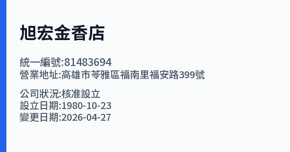 旭宏金香店的照片-統編 81483694(高雄市) 公司登記資料與營業項目詳細圖表