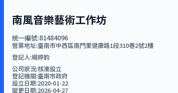 南風音樂藝術工作坊的照片-統編 81484096(臺南市) 公司登記資料與營業項目詳細圖表