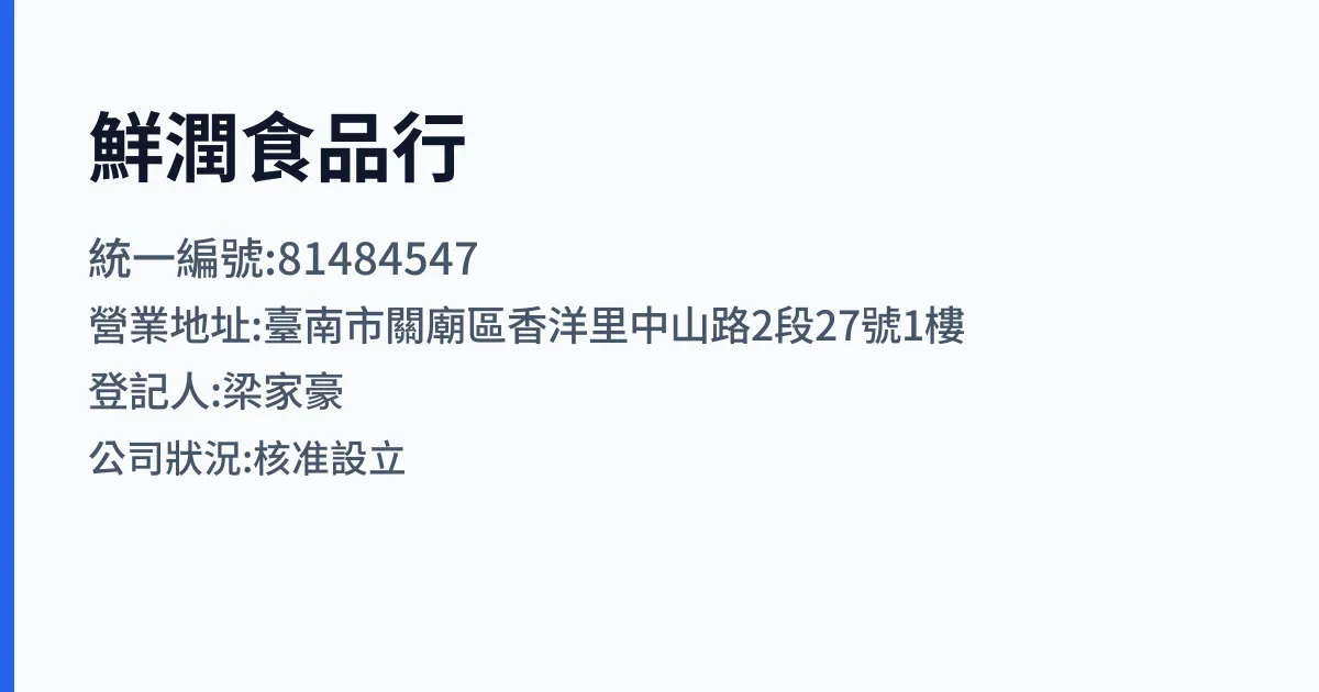 鮮潤食品行 - 統編 81484547（臺南市） 公司登記資料與營業項目詳細圖表