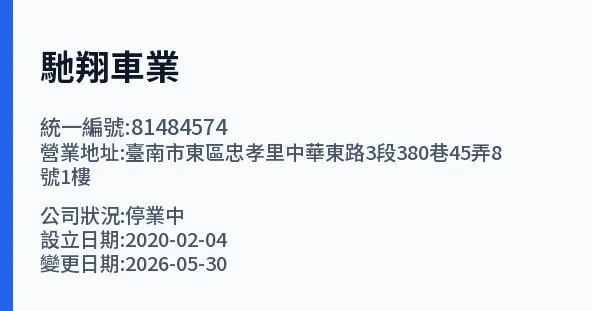 馳翔車業的照片-統編 81484574(臺南市) 公司登記資料與營業項目詳細圖表