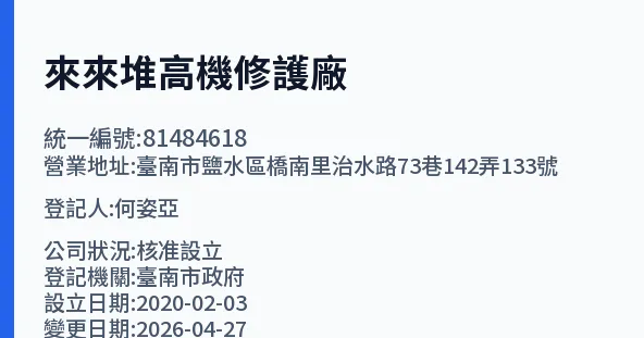 來來堆高機修護廠的照片-統編 81484618(臺南市) 公司登記資料與營業項目詳細圖表