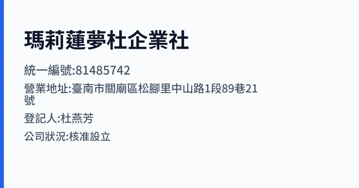 瑪莉蓮夢杜企業社 - 統編 81485742(臺南市) 公司登記資料與營業項目詳細圖表