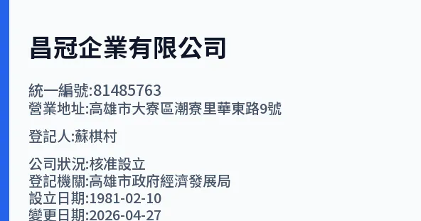 昌冠企業有限公司的照片-統編 81485763(高雄市) 公司登記資料與營業項目詳細圖表