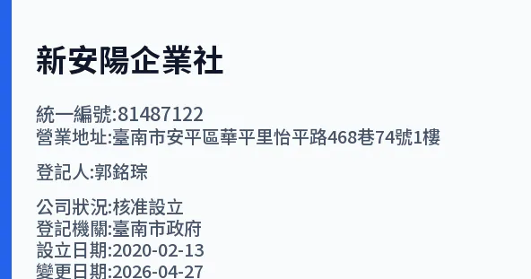 新安陽企業社的照片-統編 81487122(臺南市) 公司登記資料與營業項目詳細圖表