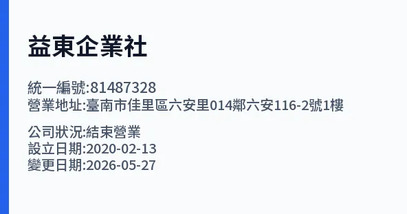 益東企業社的照片-統編 81487328(臺南市) 公司登記資料與營業項目詳細圖表