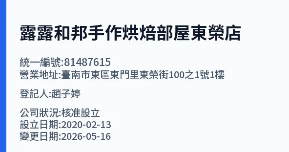 露露和邦手作烘焙部屋東榮店的照片-統編 81487615(臺南市) 公司登記資料與營業項目詳細圖表