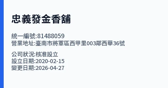 忠義發金香舖的照片-統編 81488059(臺南市) 公司登記資料與營業項目詳細圖表