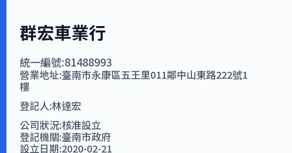 群宏車業行的照片-統編 81488993(臺南市) 公司登記資料與營業項目詳細圖表