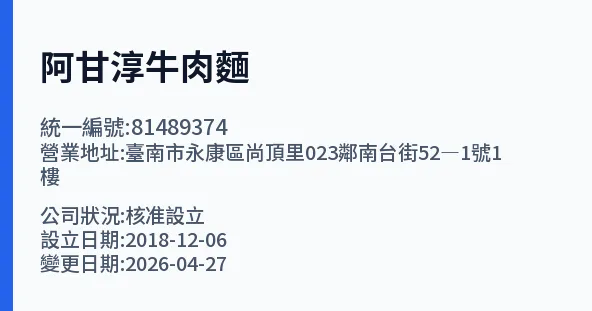 阿甘淳牛肉麵的照片-統編 81489374(臺南市) 公司登記資料與營業項目詳細圖表