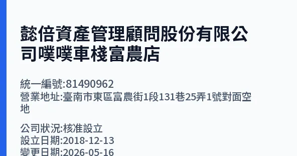 懿倍資產管理顧問股份有限公司噗噗車棧富農店的照片-統編 81490962(臺南市) 公司登記資料與營業項目詳細圖表