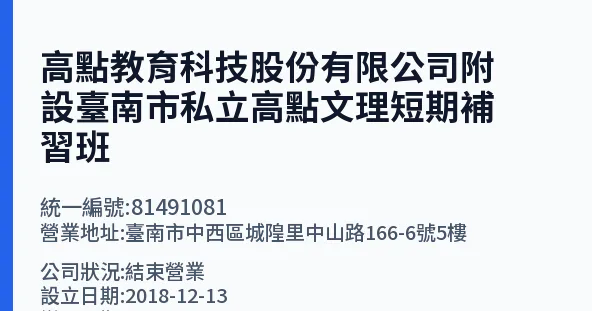 高點教育科技股份有限公司附設臺南市私立高點文理短期補習班的照片-統編 81491081(臺南市) 公司登記資料與營業項目詳細圖表