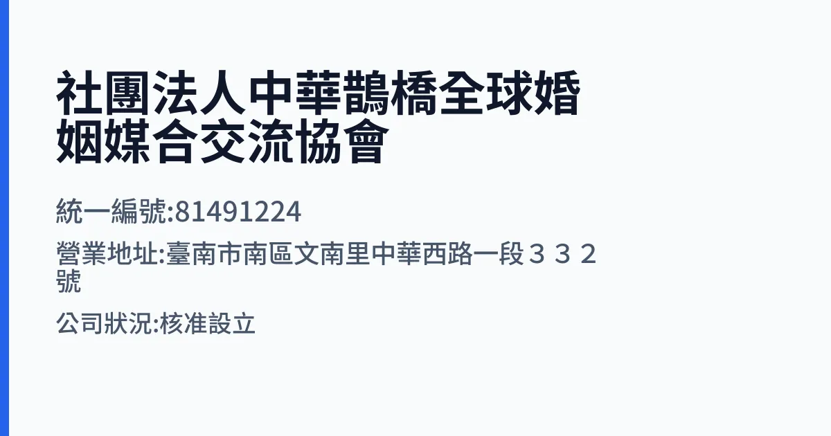 社團法人中華鵲橋全球婚姻媒合交流協會 - 統編 81491224(臺南市) 公司登記資料與營業項目詳細圖表