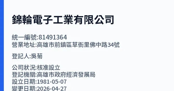 錦輪電子工業有限公司的照片-統編 81491364(高雄市) 公司登記資料與營業項目詳細圖表