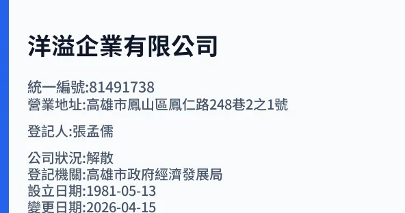 洋溢企業有限公司的照片-統編 81491738(高雄市) 公司登記資料與營業項目詳細圖表