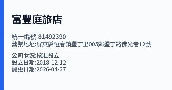 富豐庭旅店的照片-統編 81492390(屏東縣) 公司登記資料與營業項目詳細圖表