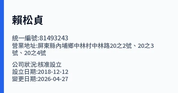 賴松貞的照片-統編 81493243(屏東縣) 公司登記資料與營業項目詳細圖表