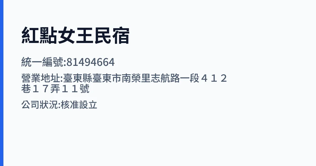 紅點女王民宿 - 統編 81494664(臺東縣) 公司登記資料與營業項目詳細圖表