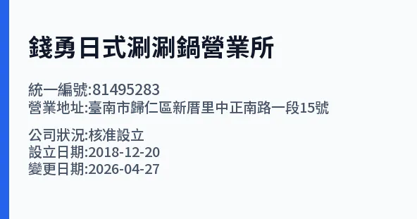 錢勇日式涮涮鍋營業所的照片-統編 81495283(臺南市) 公司登記資料與營業項目詳細圖表