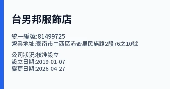 台男邦服飾店的照片-統編 81499725(臺南市) 公司登記資料與營業項目詳細圖表