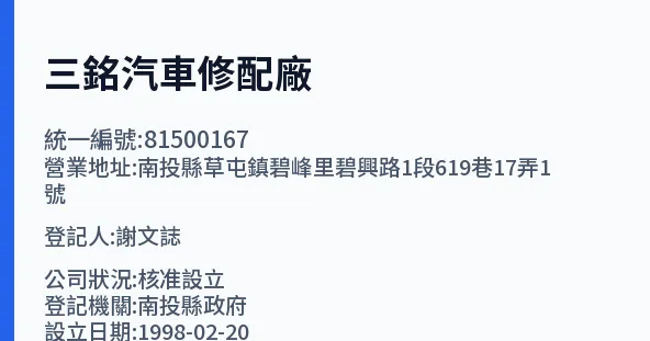 三銘汽車修配廠的照片-統編 81500167(南投縣) 公司登記資料與營業項目詳細圖表