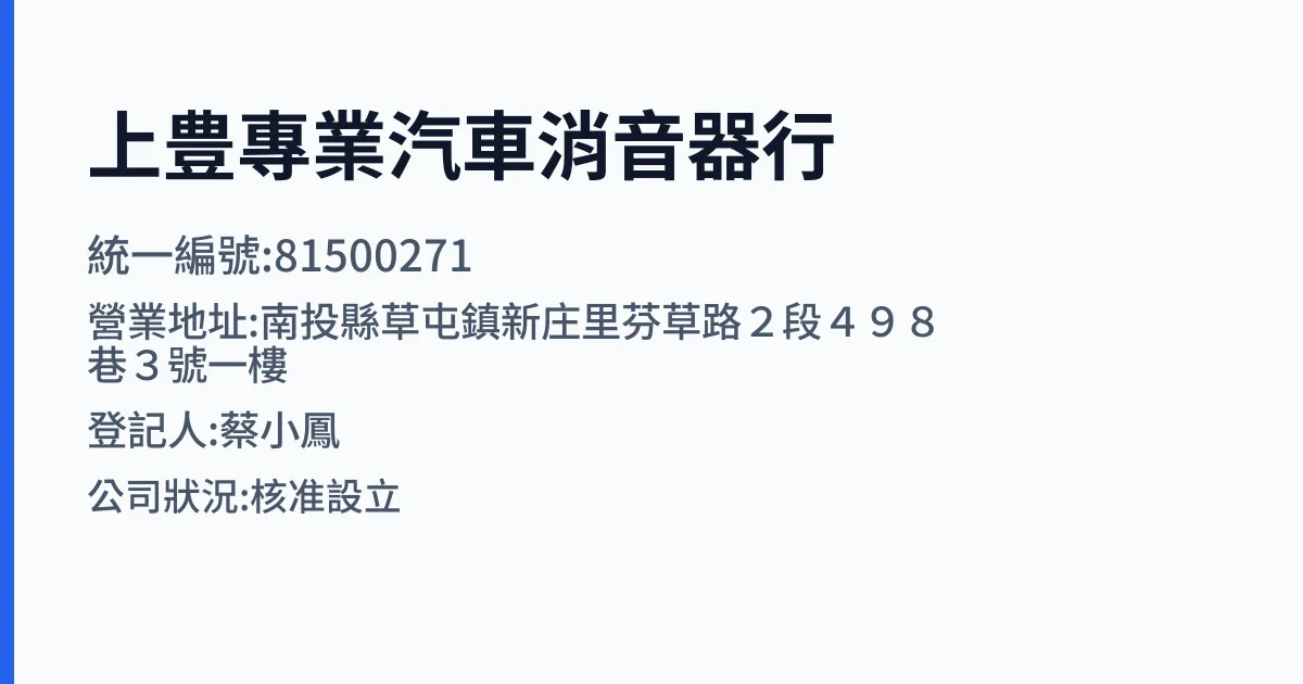 上豊專業汽車消音器行 - 統編 81500271(南投縣) 公司登記資料與營業項目詳細圖表