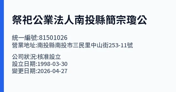 祭祀公業法人南投縣簡宗瓊公的照片-統編 81501026(南投縣) 公司登記資料與營業項目詳細圖表