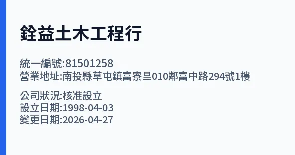 銓益土木工程行的照片-統編 81501258(南投縣) 公司登記資料與營業項目詳細圖表