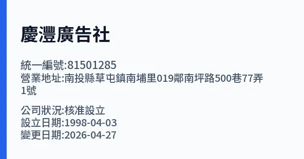 慶灃廣告社的照片-統編 81501285(南投縣) 公司登記資料與營業項目詳細圖表