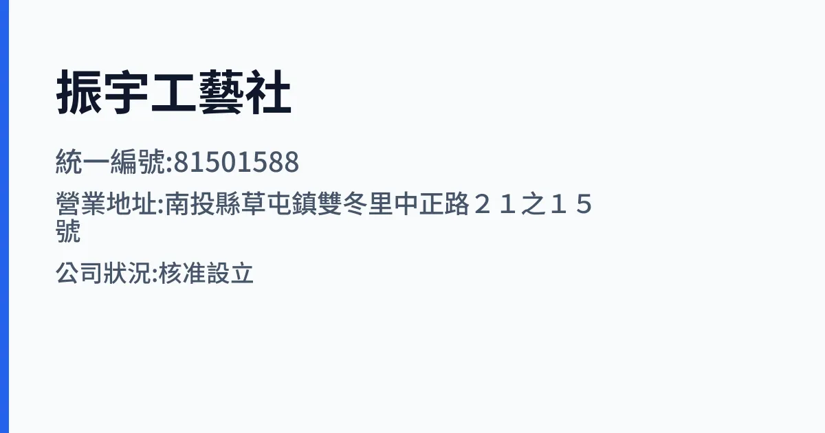 振宇工藝社 - 統編 81501588(南投縣) 公司登記資料與營業項目詳細圖表