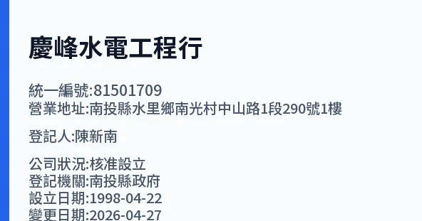 慶峰水電工程行的照片-統編 81501709(南投縣) 公司登記資料與營業項目詳細圖表