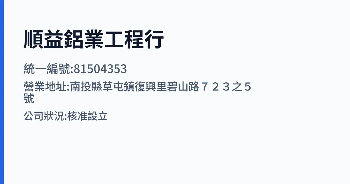 順益鋁業工程行 - 統編 81504353(南投縣) 公司登記資料與營業項目詳細圖表
