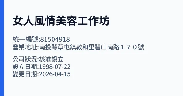 女人風情美容工作坊的照片-統編 81504918(南投縣) 公司登記資料與營業項目詳細圖表