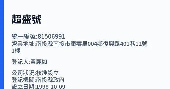 超盛號的照片-統編 81506991(南投縣) 公司登記資料與營業項目詳細圖表