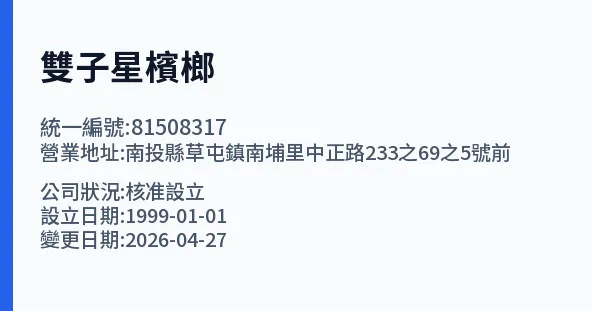 雙子星檳榔的照片-統編 81508317(南投縣) 公司登記資料與營業項目詳細圖表