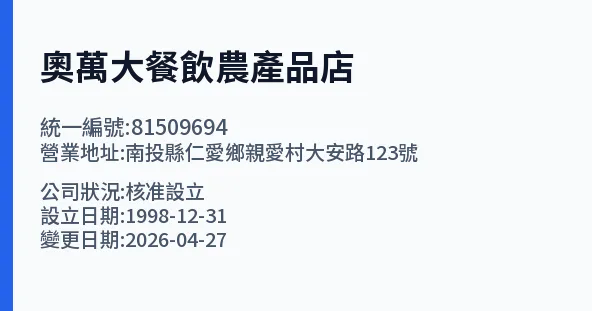 奧萬大餐飲農產品店的照片-統編 81509694(南投縣) 公司登記資料與營業項目詳細圖表