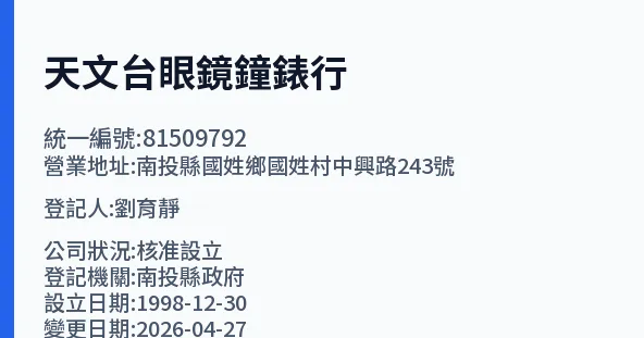 天文台眼鏡鐘錶行的照片-統編 81509792(南投縣) 公司登記資料與營業項目詳細圖表