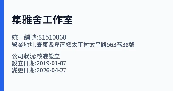 集雅舍工作室的照片-統編 81510860(臺東縣) 公司登記資料與營業項目詳細圖表